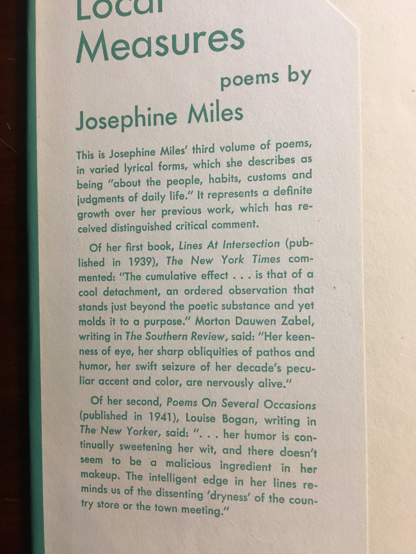 Local Measures Poems by Josephine Miles - A Book of Poetry - Josephine ...