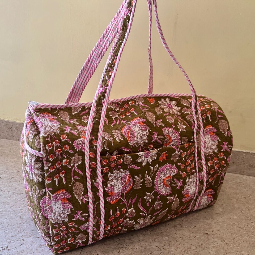Handmade Quilted Boho Duffle Bag, Large Cotton Weekender Travel Bag ...