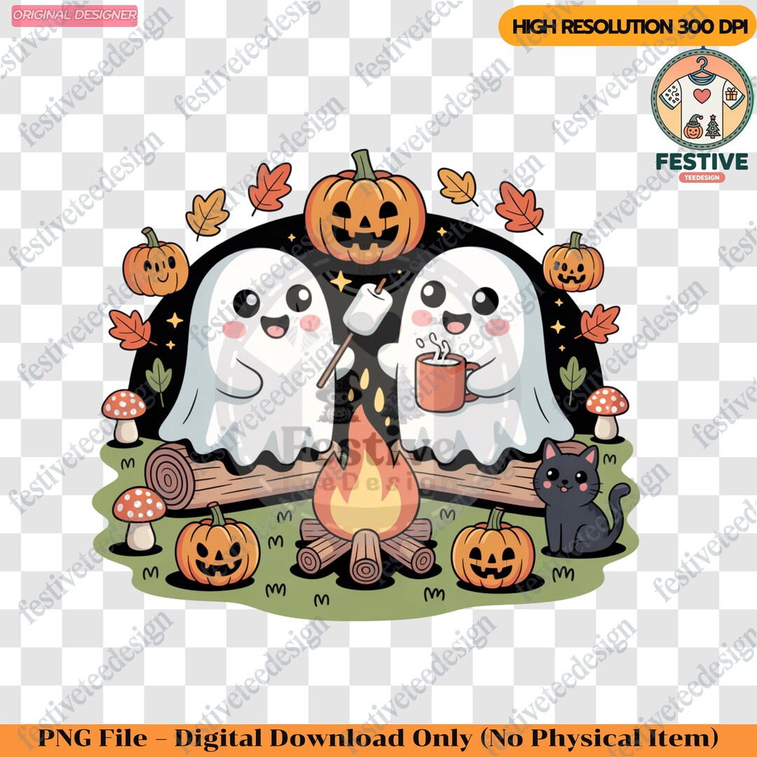 Retro Kawaii Ghost Campfire PNG: Spooky Fall Clipart (digital Download ...