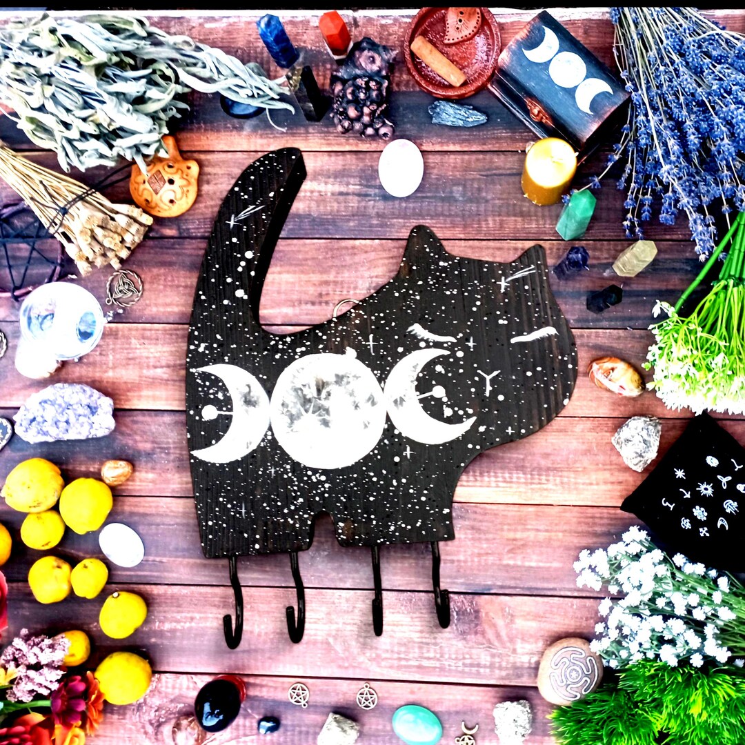 Moon Phases Wall Hanging Handmade Key Hook Cat Moon Phases Decor Hand ...