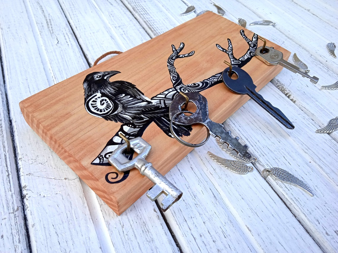 Art Wall Key Hooks Handmade Crow Drawing Celtic Ornament | Etsy