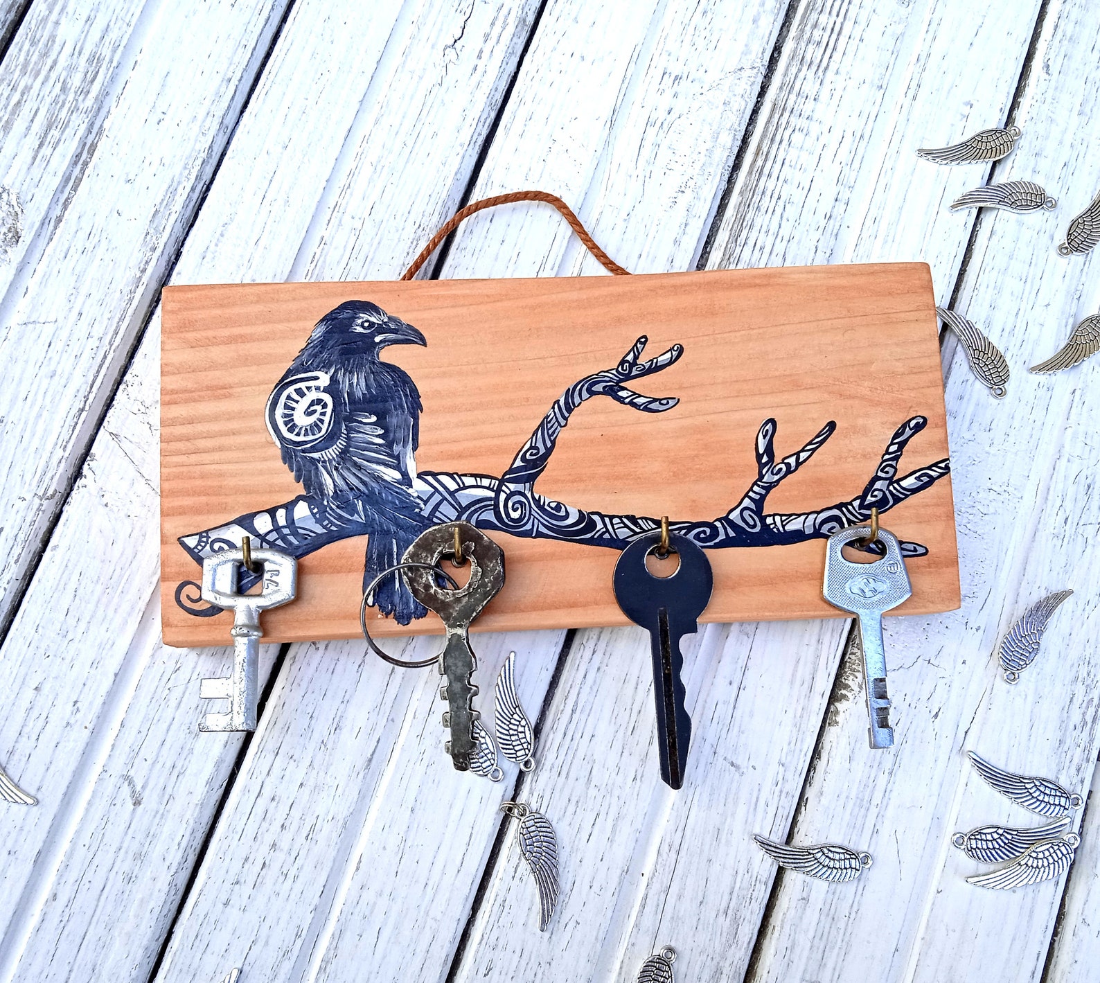 Art Wall Key Hooks Handmade Crow Drawing Celtic Ornament | Etsy