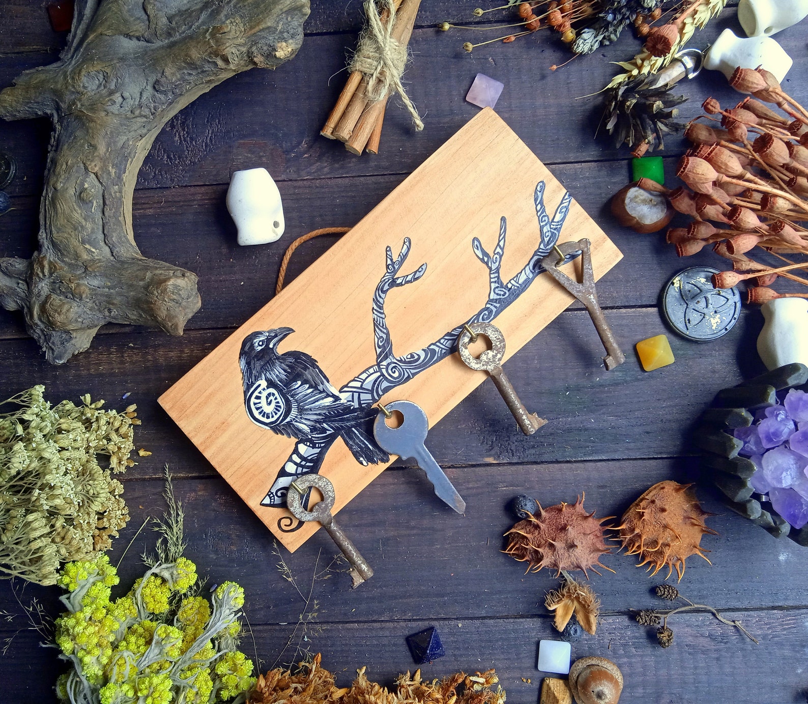 Art Wall Key Hooks Handmade Crow Drawing Celtic Ornament - Etsy