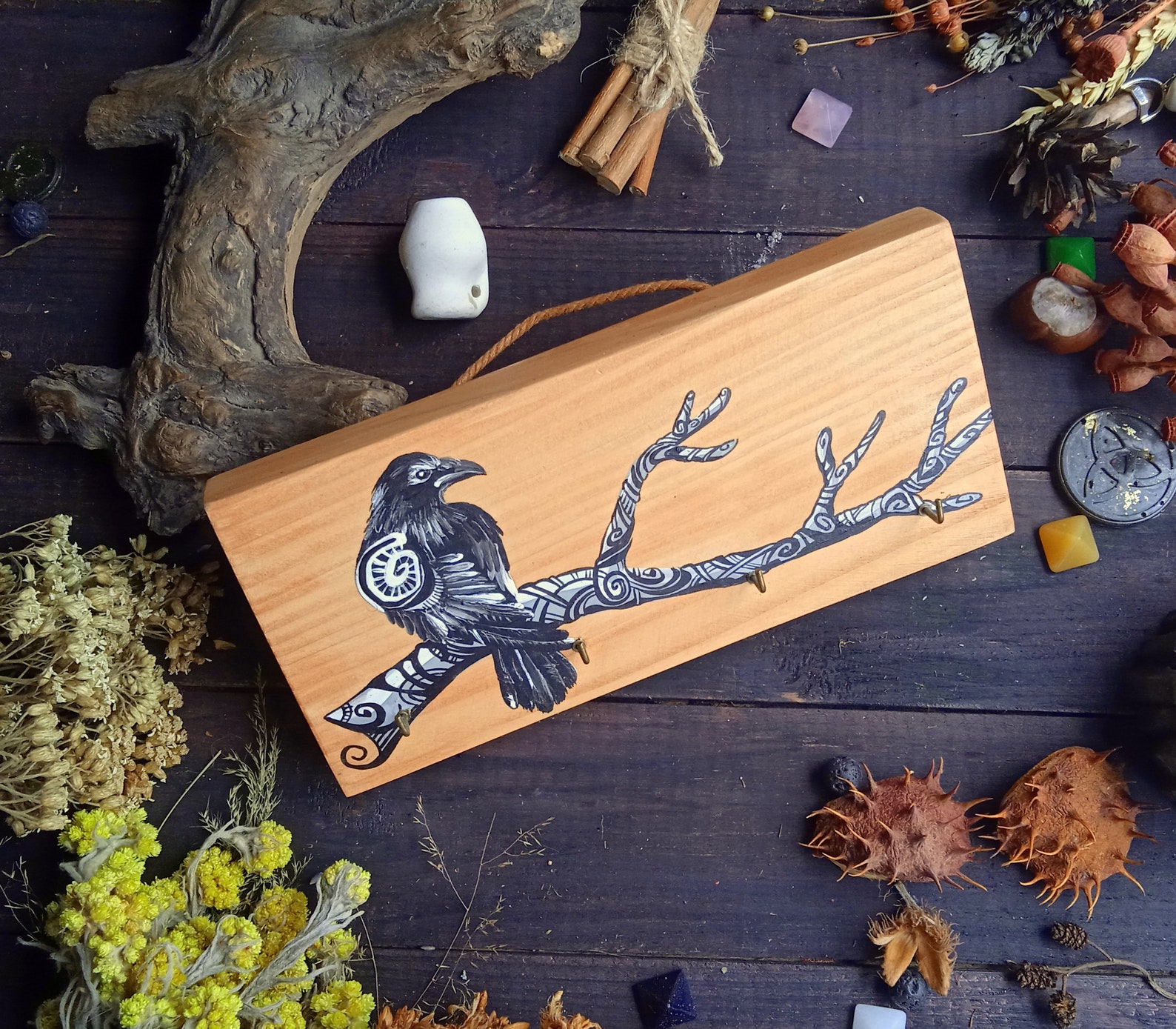 Art Wall Key Hooks Handmade Crow Drawing Celtic Ornament - Etsy