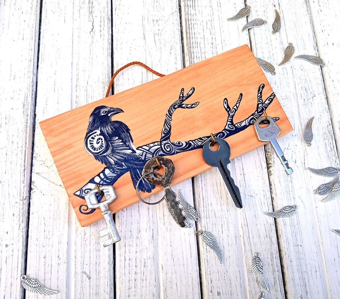 Art Wall Key Hooks Handmade Crow Drawing Celtic Ornament | Etsy