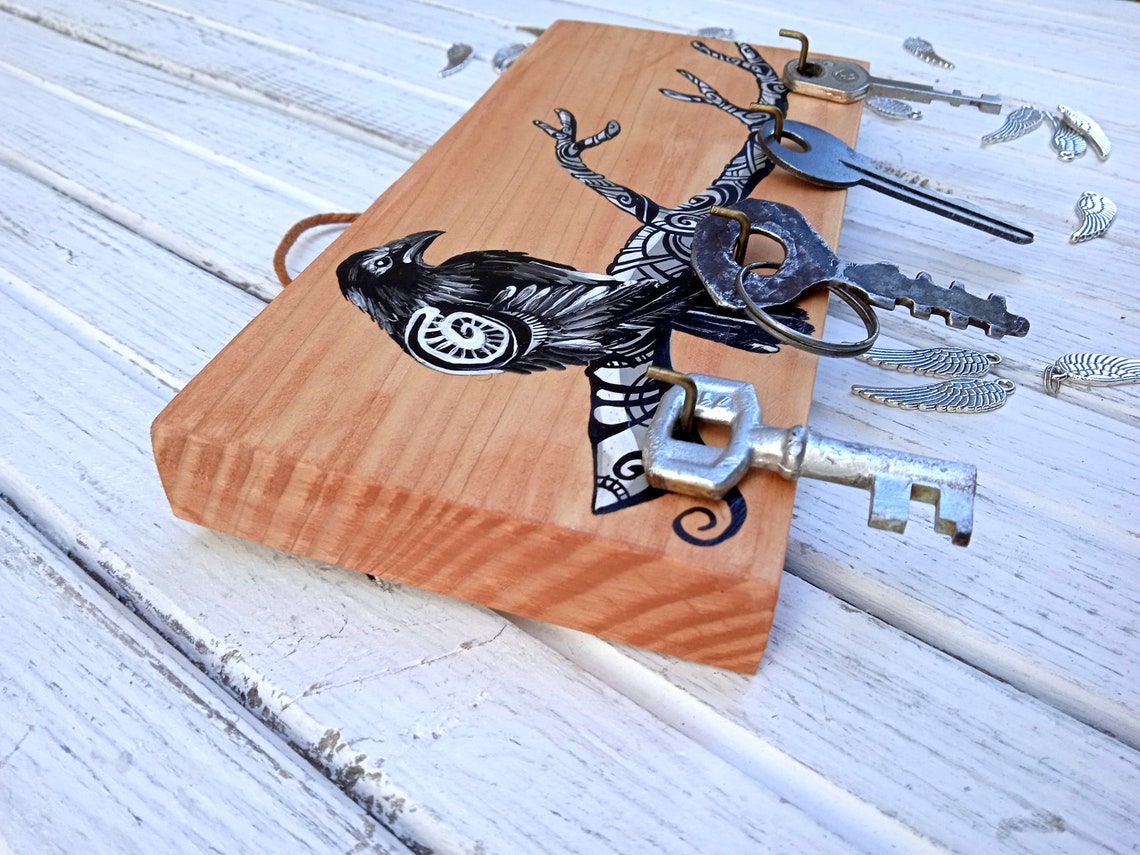 Art Wall Key Hooks Handmade Crow Drawing Celtic Ornament | Etsy