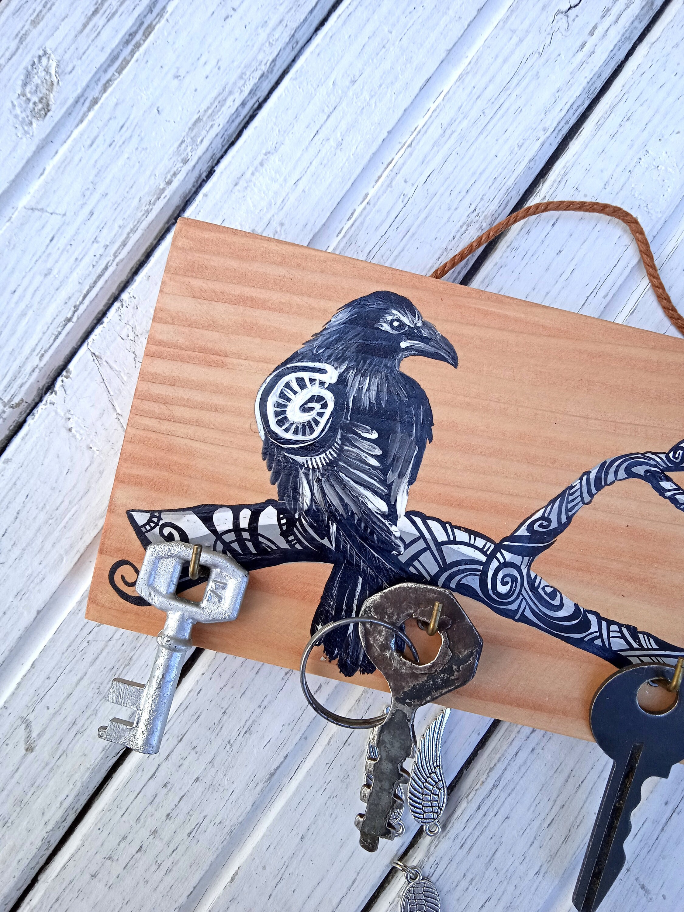 Art Wall Key Hooks Handmade Crow Drawing Celtic Ornament | Etsy
