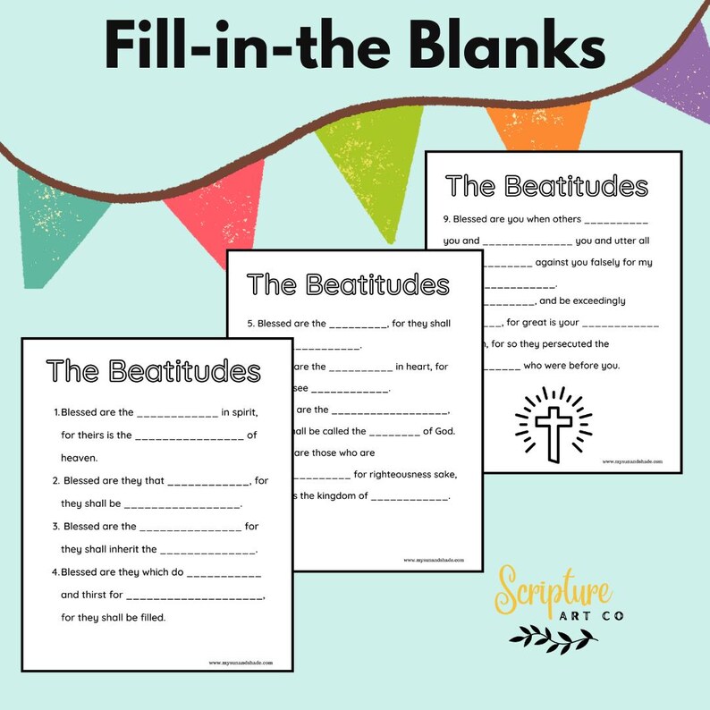 Beatitudes Craft Pages, Fill-in-the-blank Worksheets, Bible Coloring ...