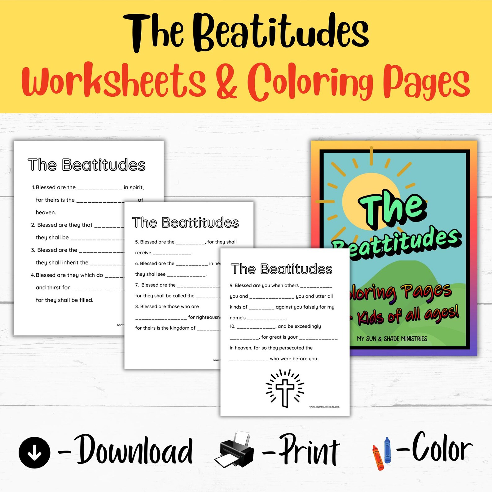 Beatitudes Craft Pages, Fill-in-the-blank Worksheets, Bible Coloring ...