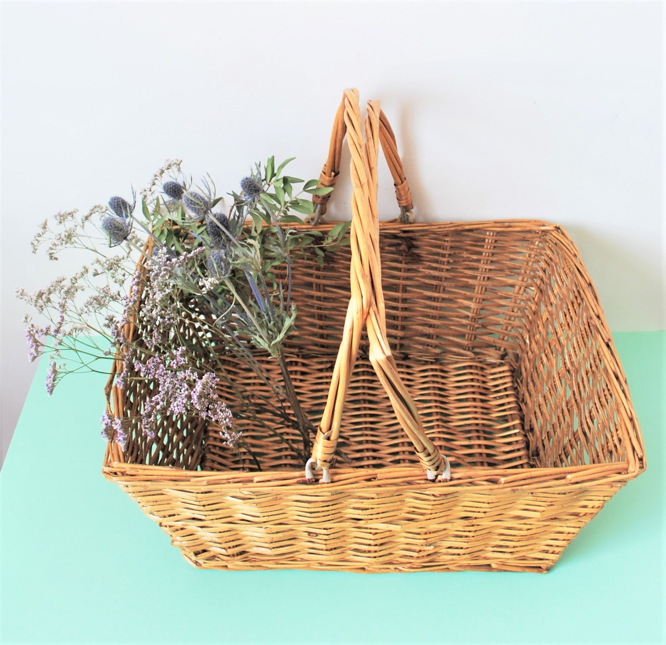Large Wooden Basket rectangular double handle vintage | Etsy