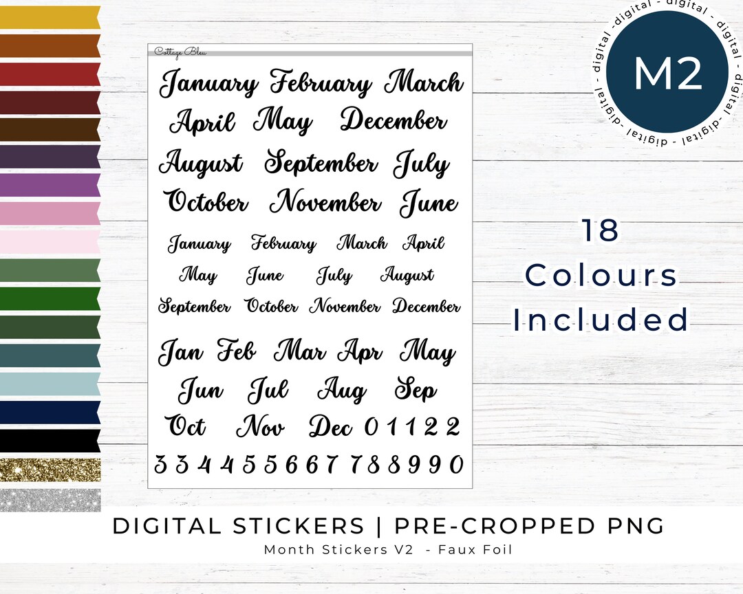 Digital Month Script Stickers Colour Monthly Pre-cropped Goodnotes ...