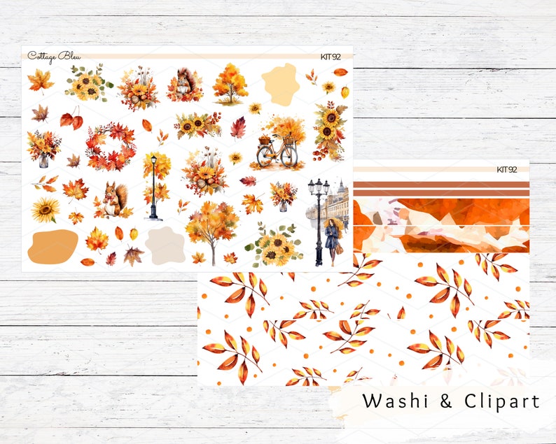 Fall Printable Planner Stickers, Weekly Kit, Cozy Orange Leaves, Foil ...