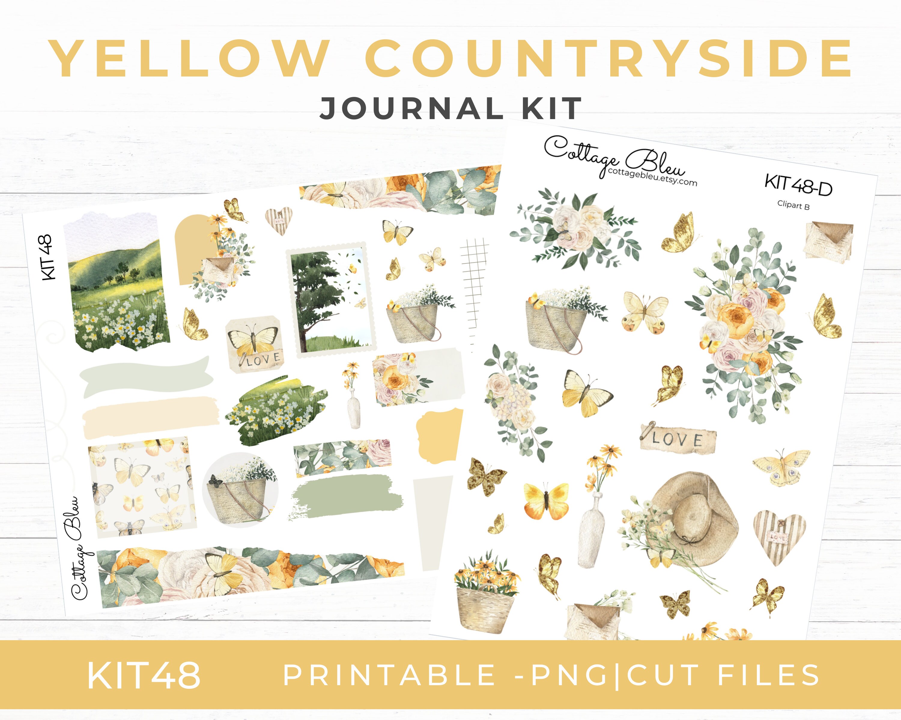 Printable Journal Stickers Spring Countryside, Yellow Butterfly, Memory ...