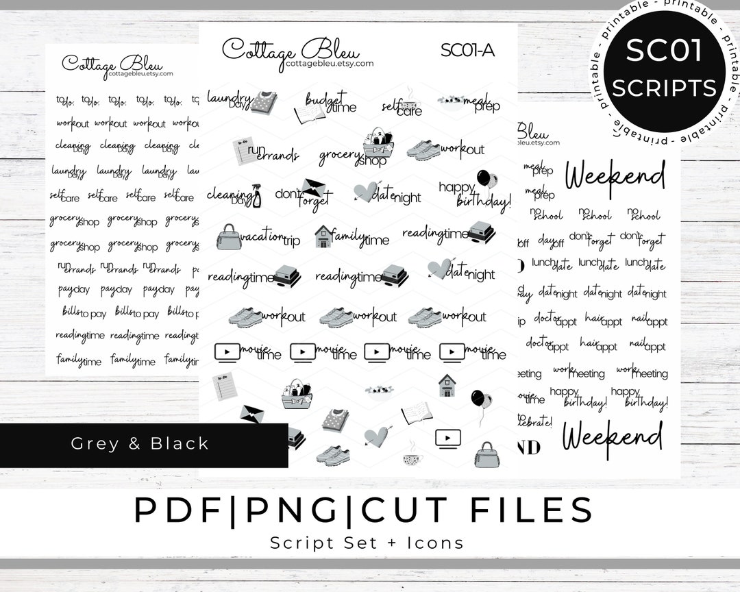 Grey & Black Scripts and Icons/daily Script Stickers Printable ...