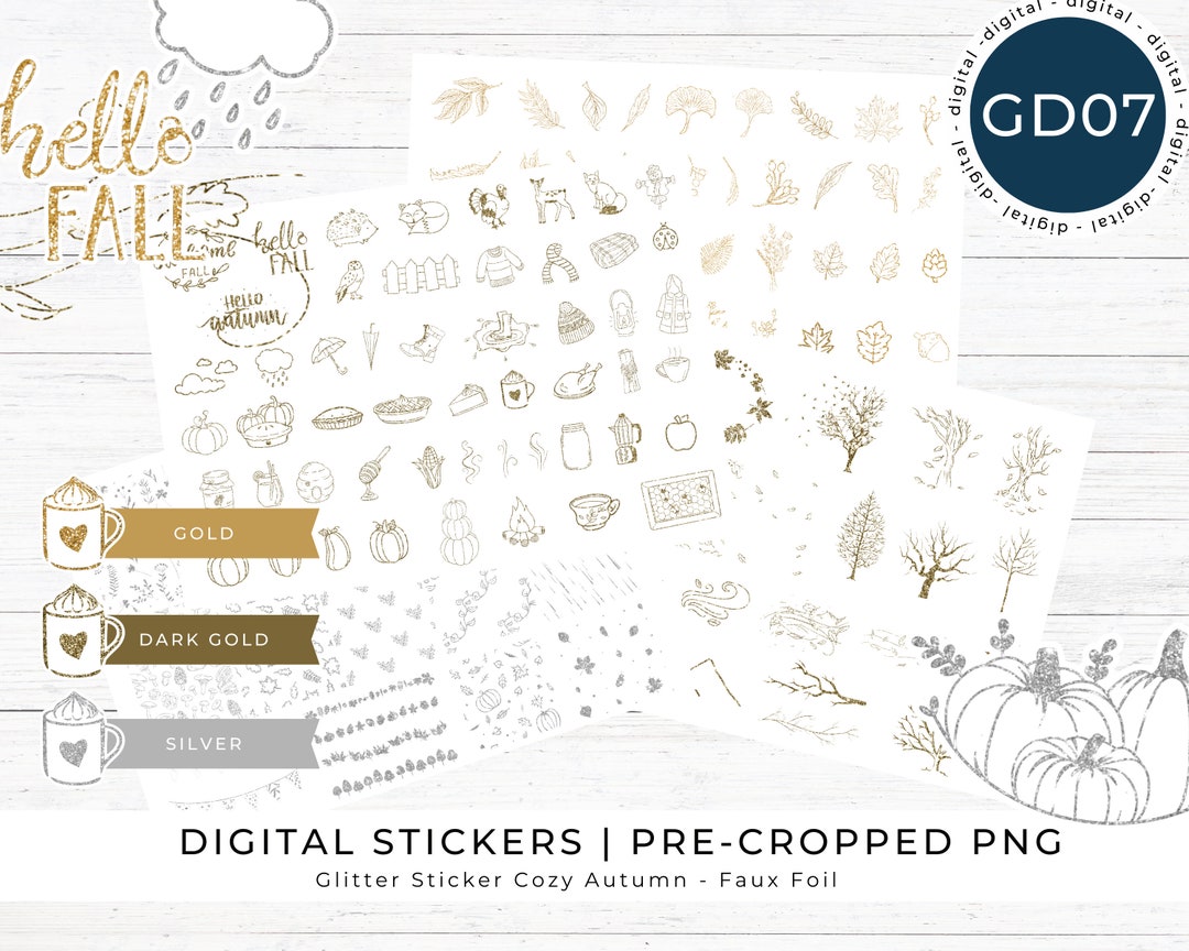 DIGITAL Fall Glitter Stickers in Silver and Gold / Digital Planner ...