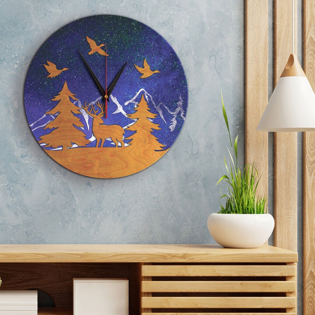 Deer Wall Clock, Deer Forest Clock, Mountain Wall Clock, Night Sky Wall ...