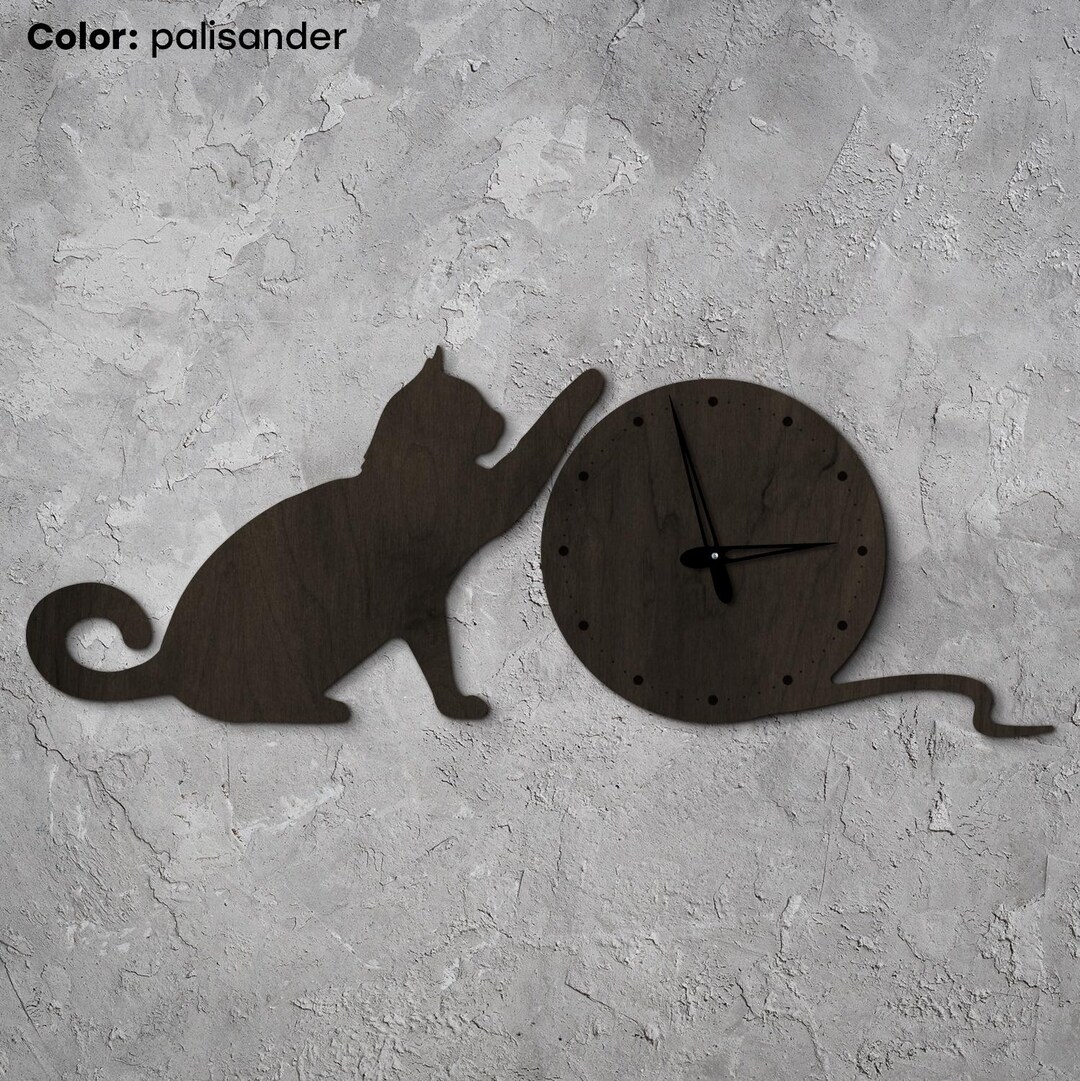 Cat With Yarn Ball Clock, Cat Wall Clock, Cat Silhouette Clock, Nursery ...