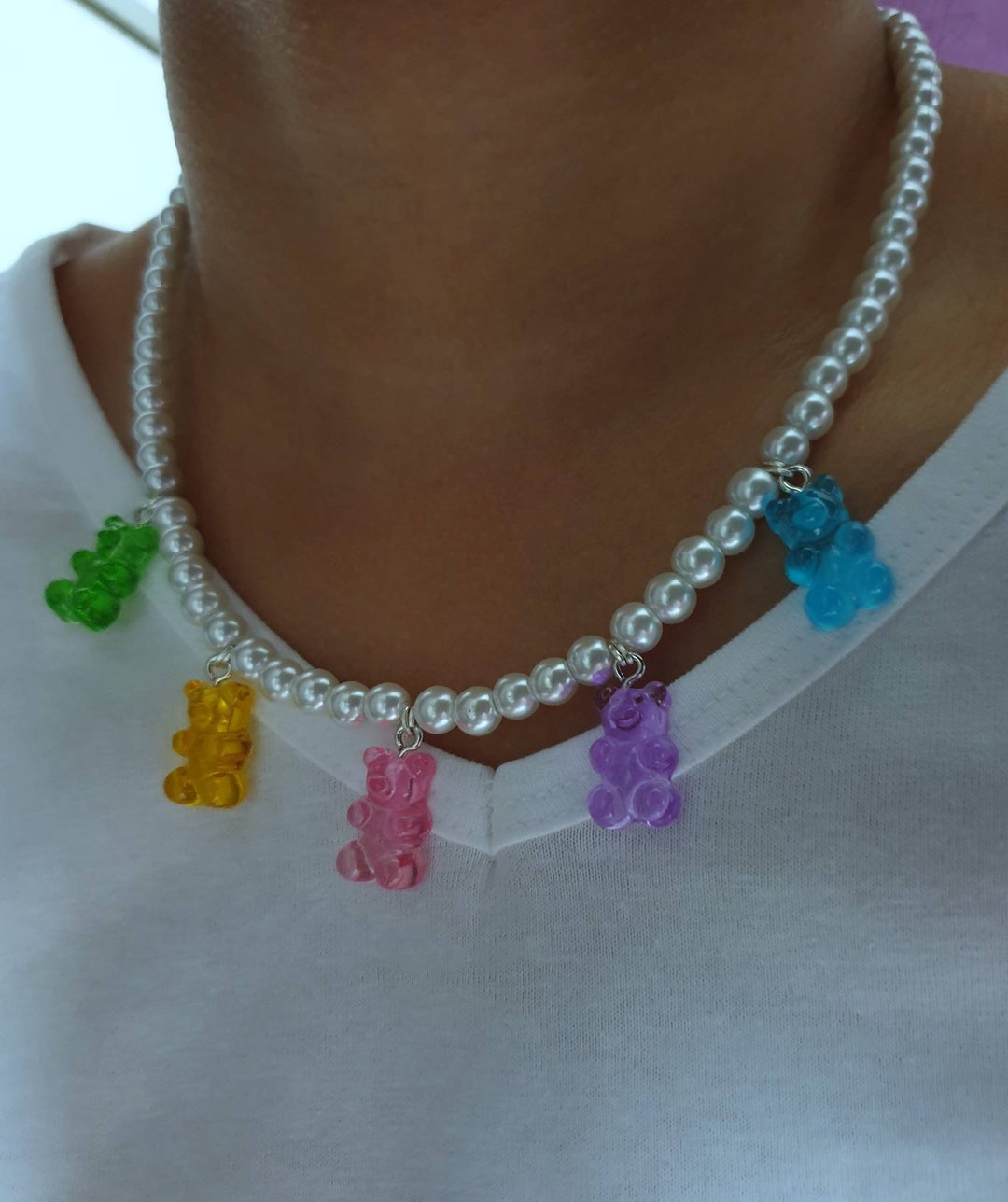 White Glass Pearl Necklace With Gummy Bear Pendants - Etsy