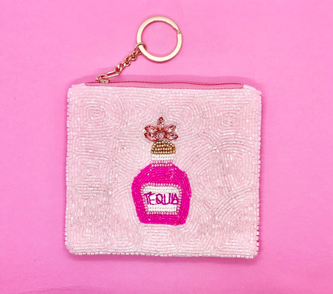 Beaded Coin Purse With Pink Tequila Bottle on Front and Gold Keyring ...