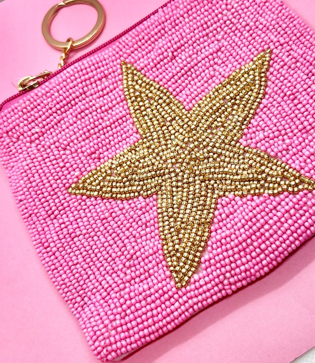 Pink Beaded Coin Purse With Gold Star and Keyring Zipper - Etsy