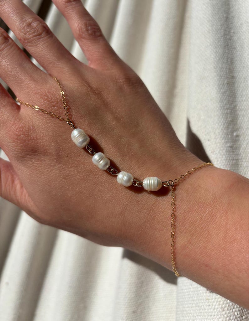 Paradiso 14K Gold-filled Handchain Freshwater Pearl Handchain Dainty Handchain Cable Chain ...