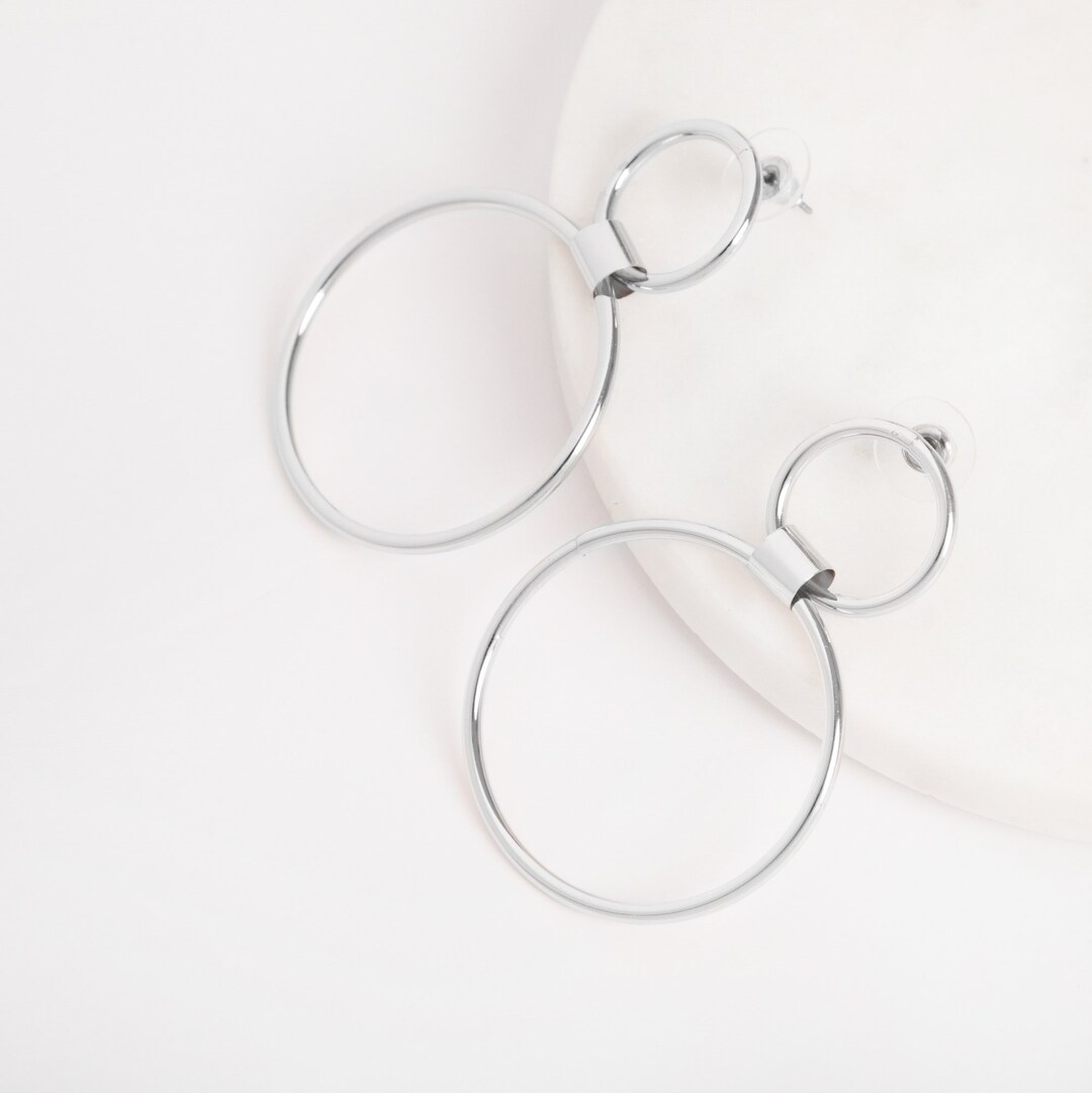 Chic and Modern Silver Double Hoop Earrings, Statement Silver Double ...