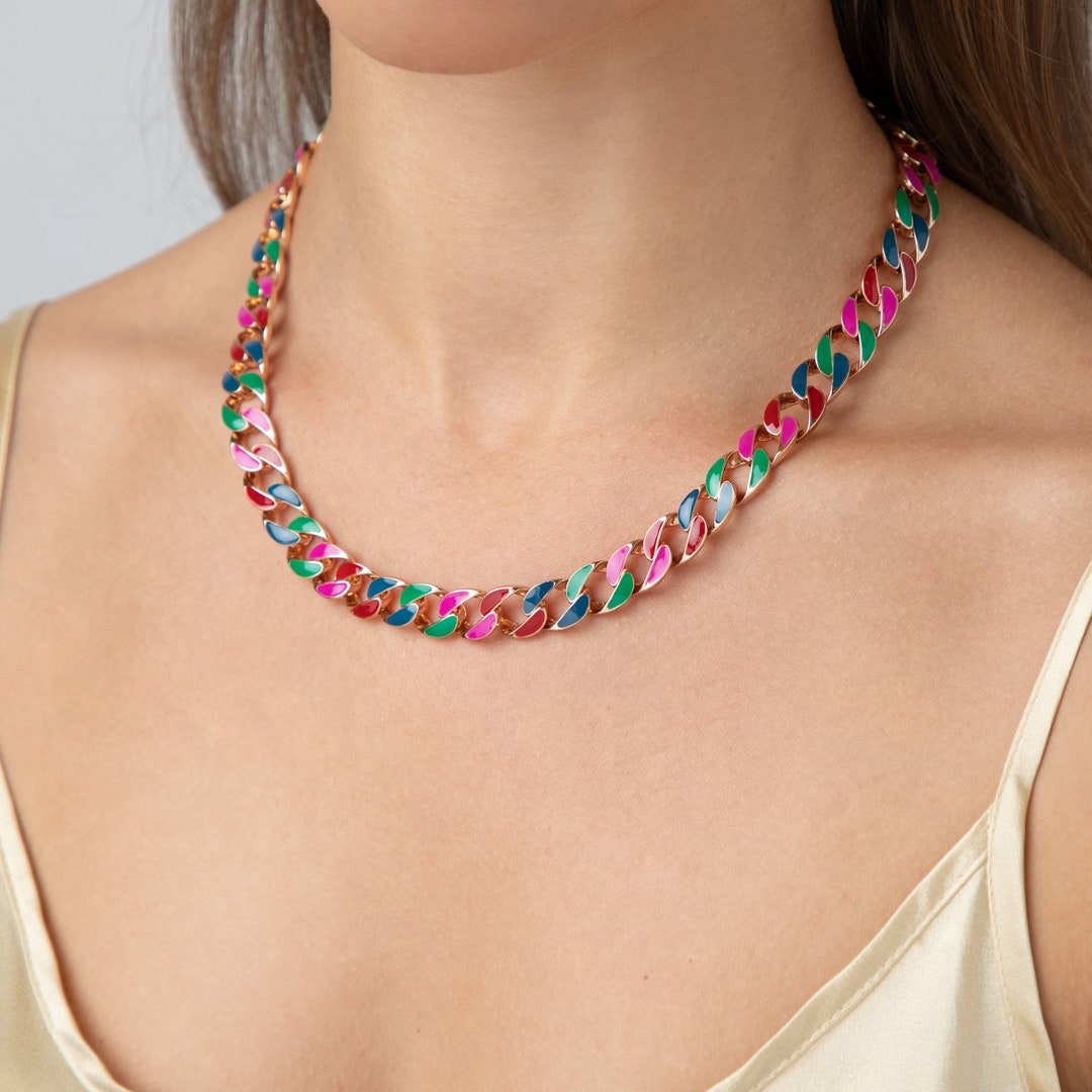 Multicolor Necklace | Gold Rainbow Cuban Chain Necklace | Rainbow ...