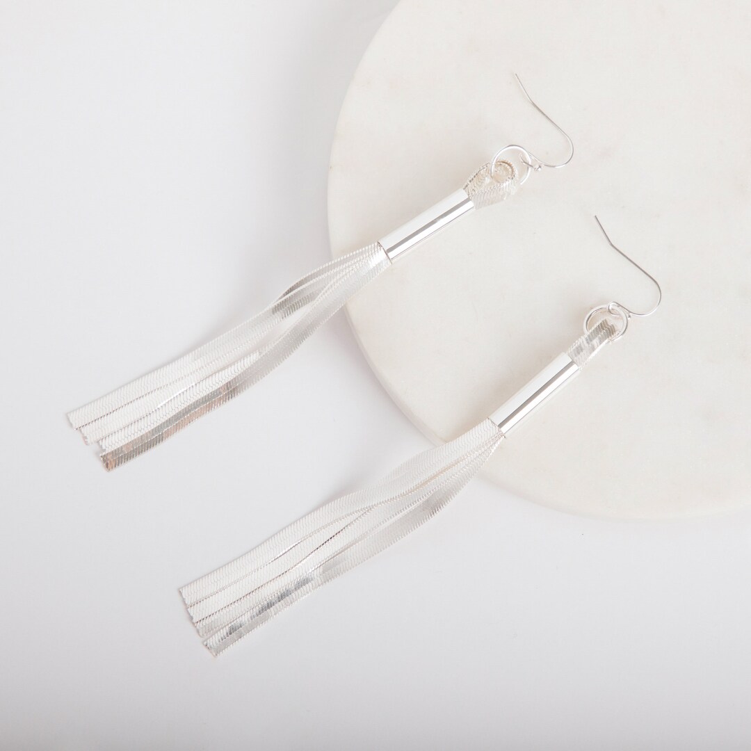 Long Silver Earrings | Flat Tassel Silver Earrings | Fringe Tassel ...
