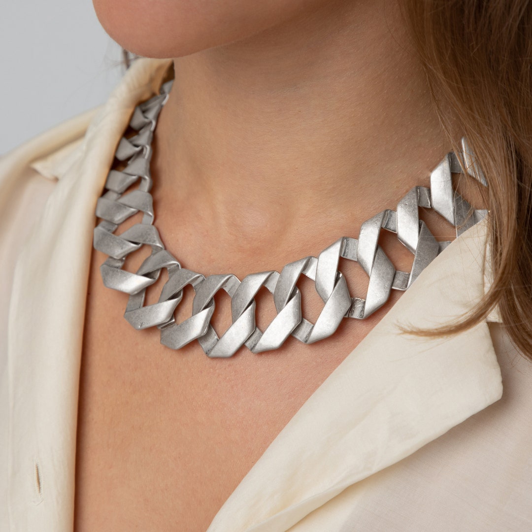 Matt Silver Necklace | Silver Curb Chain Necklace | Matt Silver Curb ...