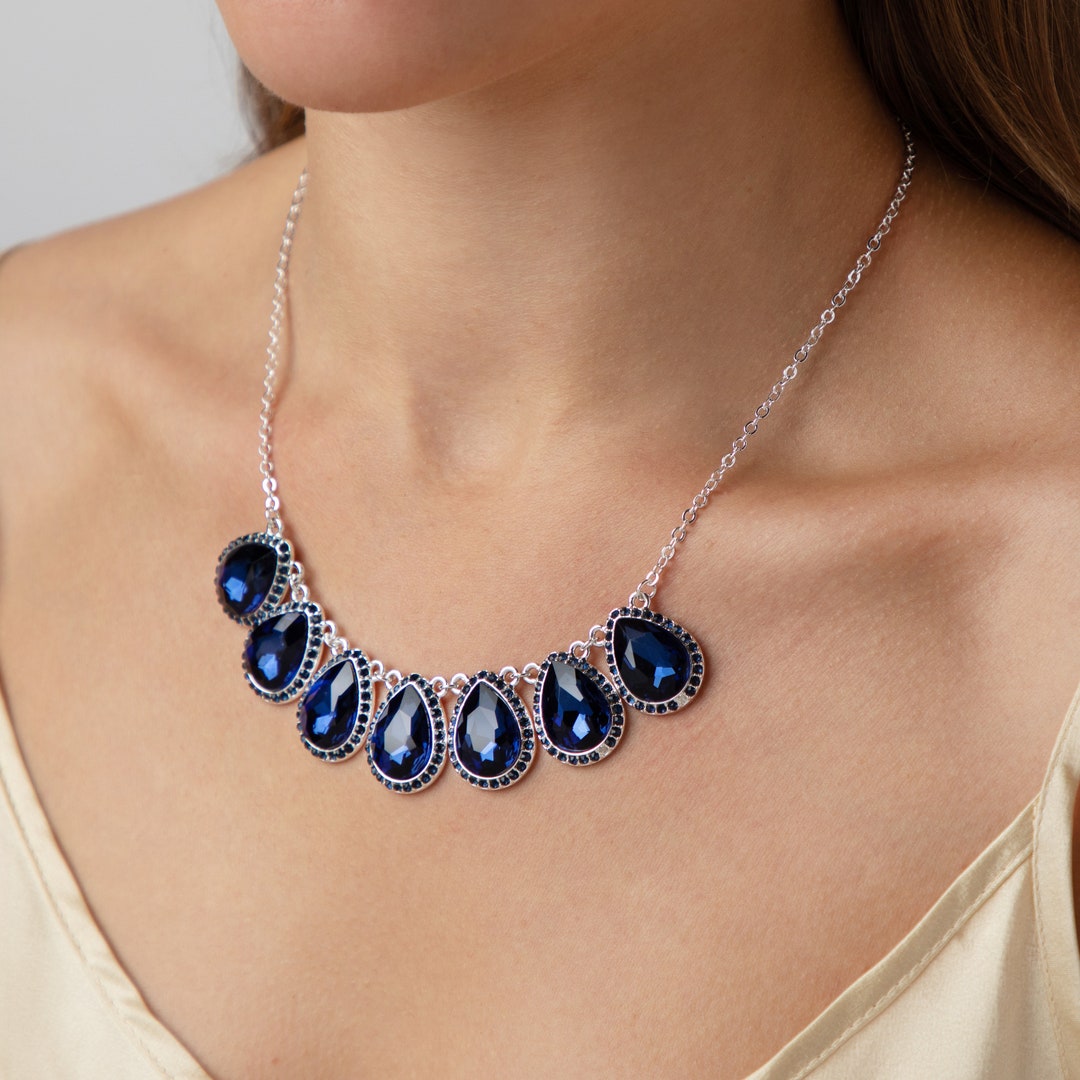 Midnight Blue Crystal Pendant Necklace | Navy Blue Teardrop Necklace ...