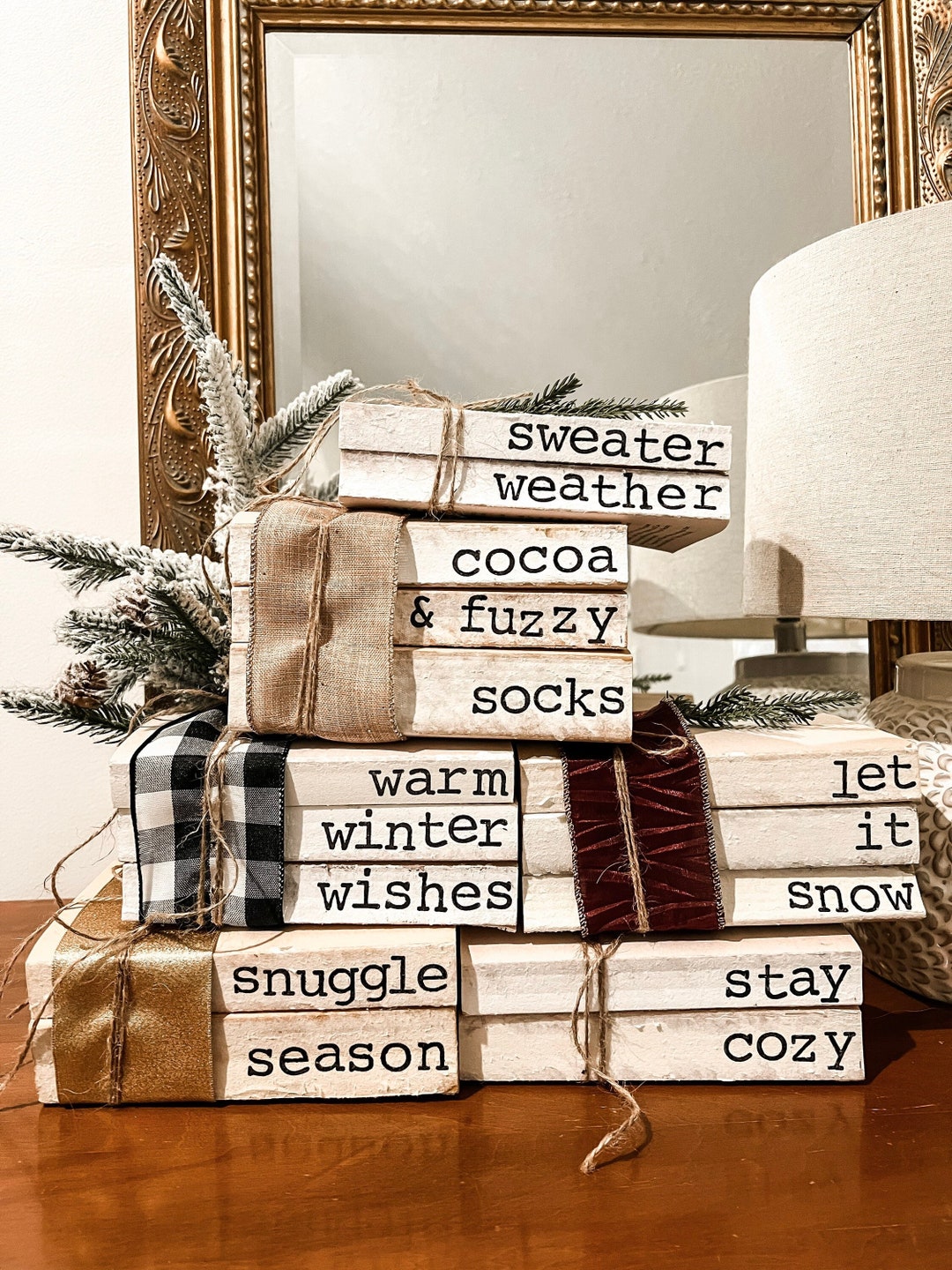 Winter Book Decor | Stamped Books | Stacked Books Decor | Farmhouse ...