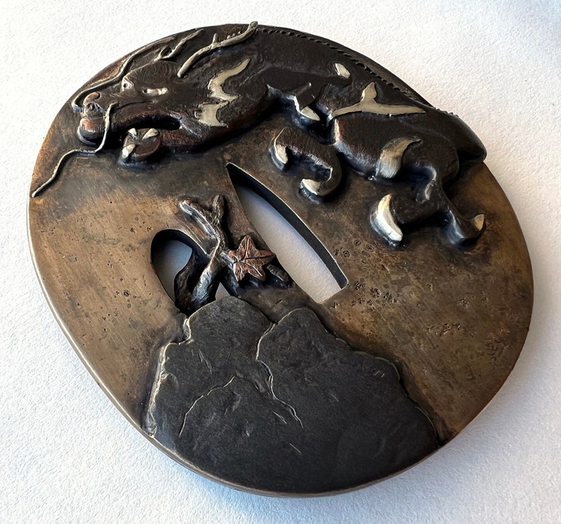 Handmade Flying Dragon Tsuba With Maple Tree and Rock - Etsy