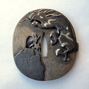Handmade Flying Dragon Tsuba With Maple Tree and Rock - Etsy