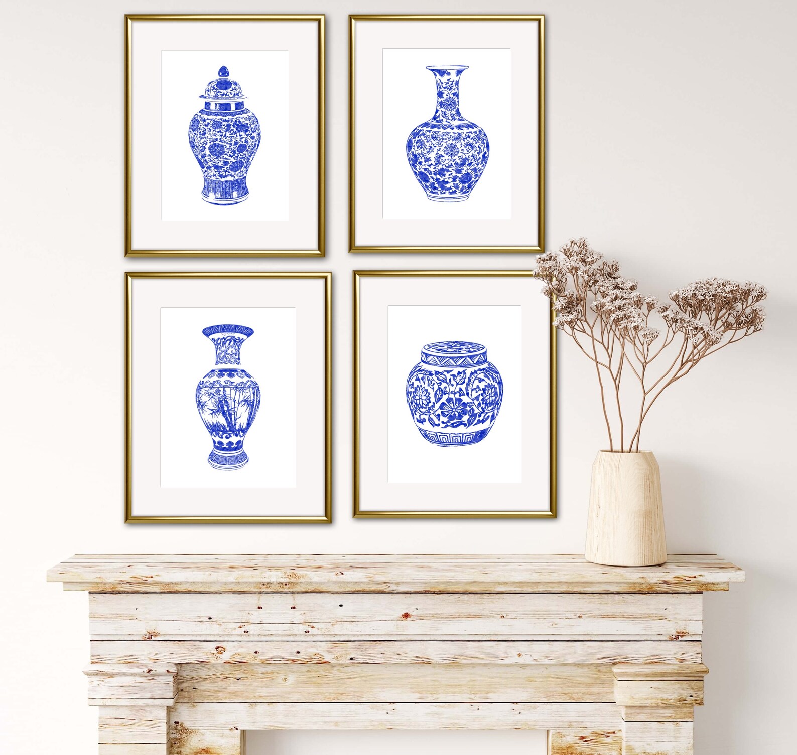 Blue and White Vase, Ginger Jar Preppy Blue Art Set of 4 - Etsy