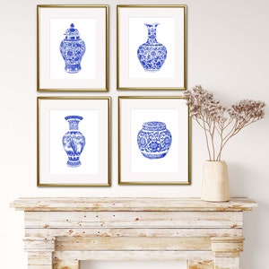 Blue and White Vase, Ginger Jar Preppy Blue Art Set of 4 - Etsy