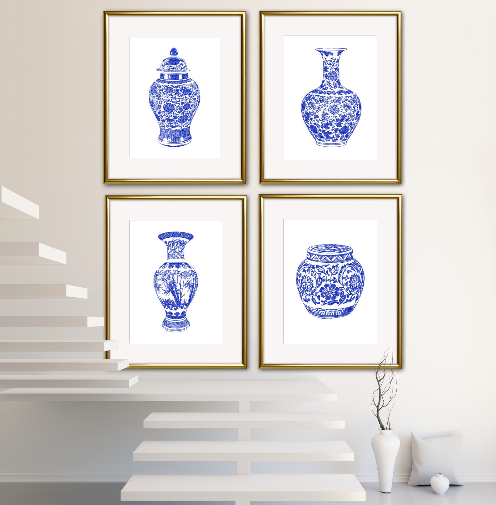 Blue and White Vase, Ginger Jar Preppy Blue Art Set of 4 - Etsy