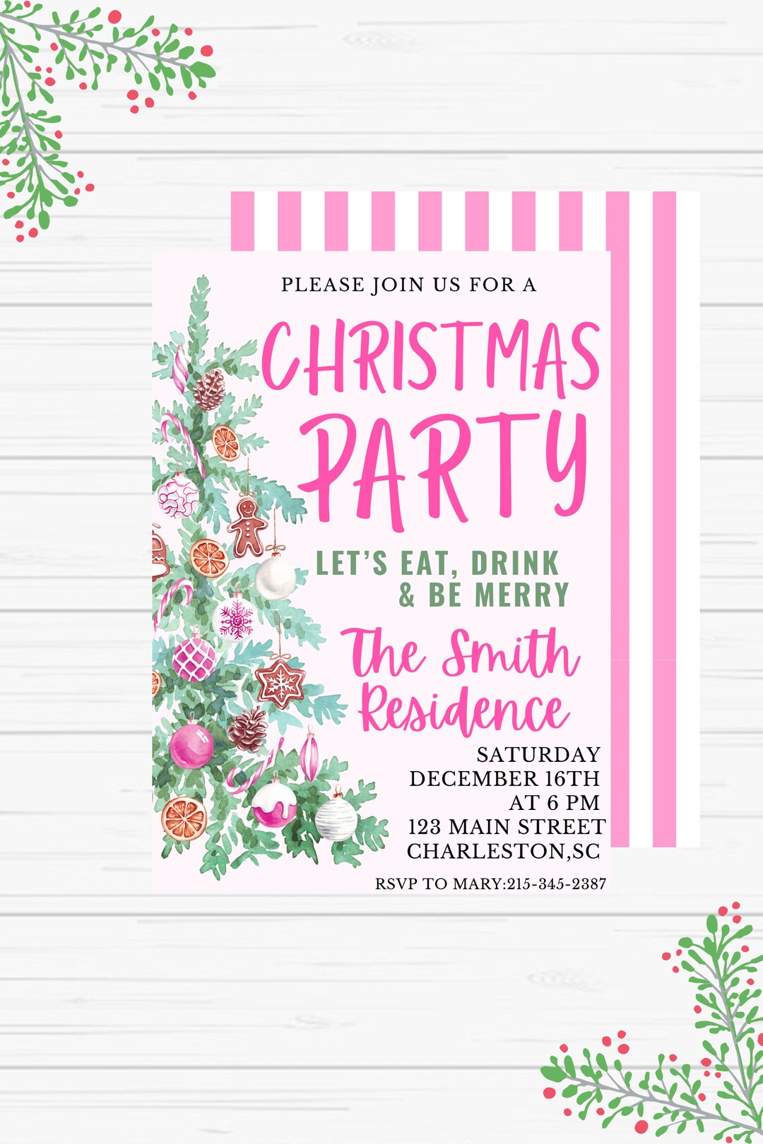 Pink Christmas Invitation, Christmas Party Invitation Template, Holiday ...