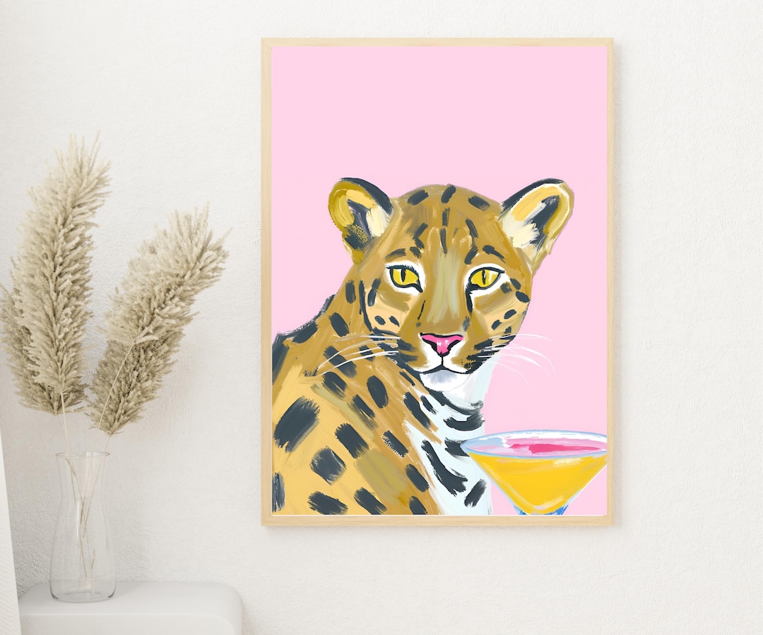 Preppy Pink Leopard & Martini Glass Art Print – Trendy Aesthetic Wall ...