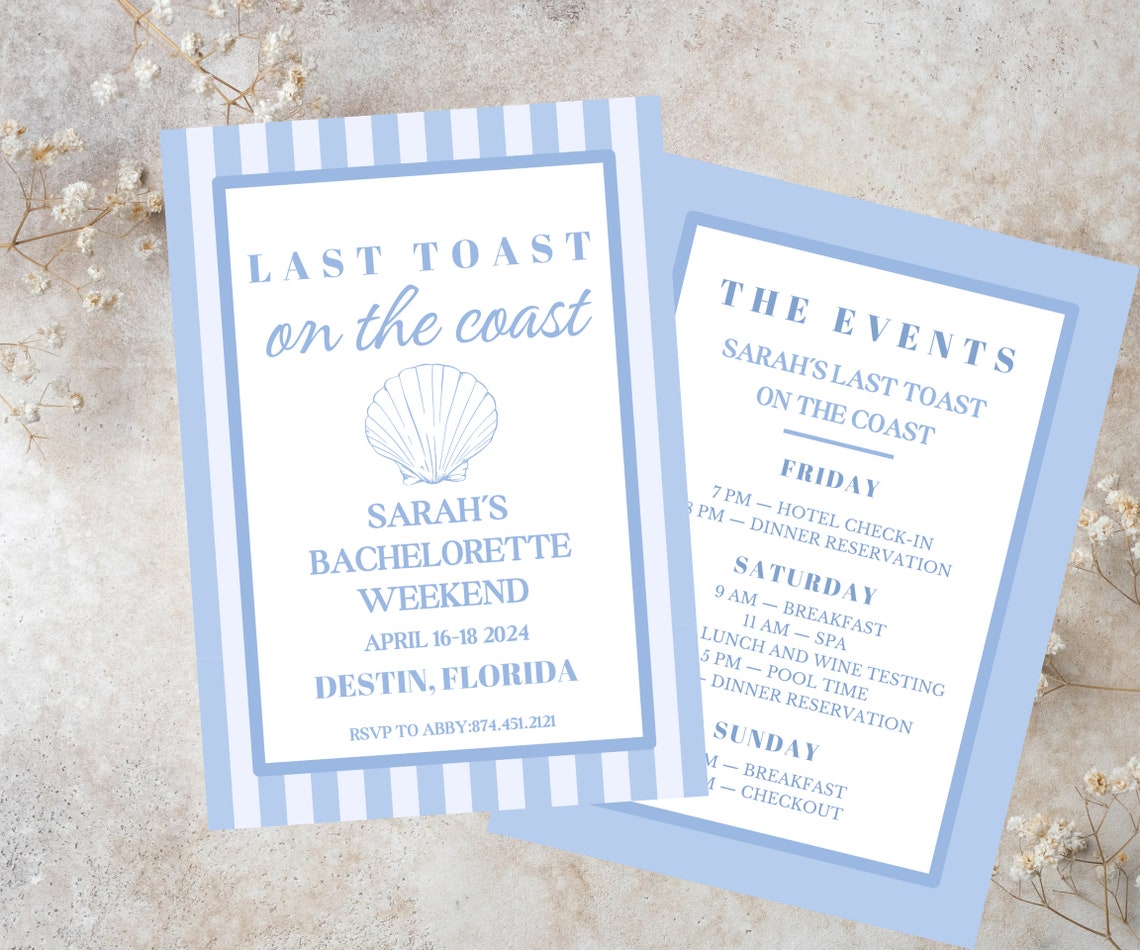 Last Toast on the Coast Bachelorette Party Invitation, Coastal, Blue ...