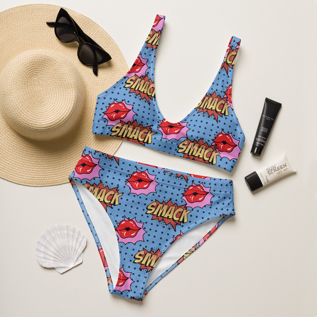 Vintage Smack Kiss Swimwear- Eco Pop Art All-over Print High-waisted ...
