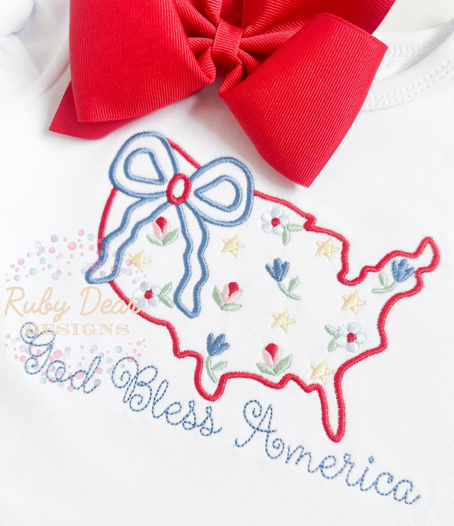 America July 4th Patriotic Outline With Florals and Stars Satin Stitch ...
