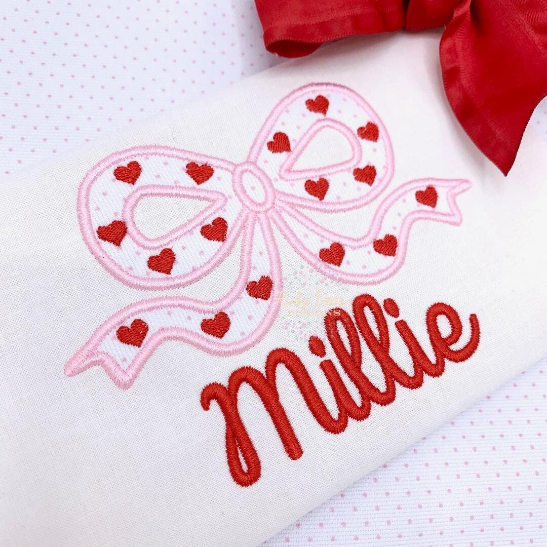 Valentine Applique Bow Fill Stitch Mini Hearts Machine Embroidery ...