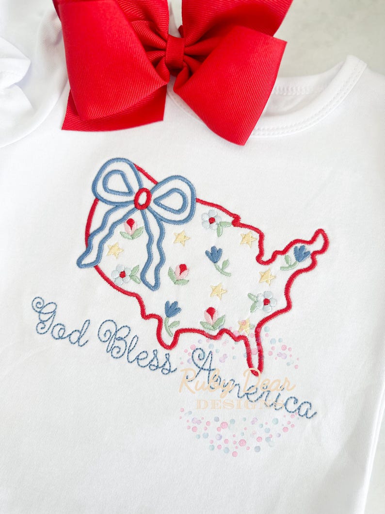 America July 4th Patriotic Outline With Florals and Stars Satin Stitch ...