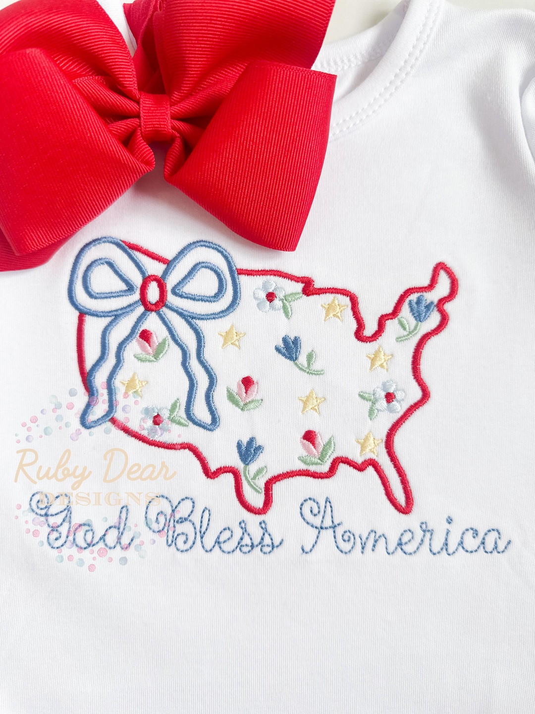 America July 4th Patriotic Outline With Florals and Stars Satin Stitch ...