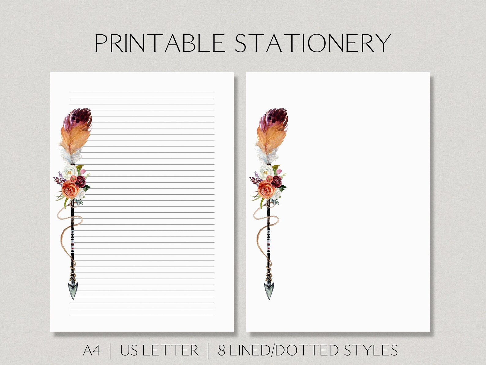 Boho Printable Paper, Boho Arrow Lined Note Paper, Boho Stationery ...