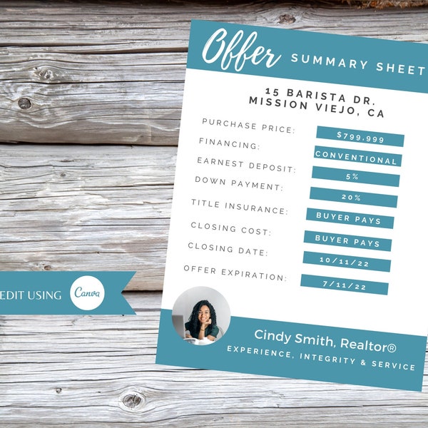 Real Estate Offer Summary Template - Etsy