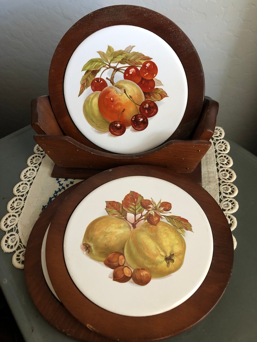 Wooden Fruit Trivet Set in Holder - Etsy