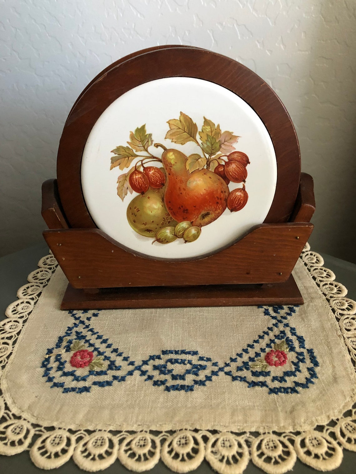 Wooden Fruit Trivet Set in Holder - Etsy