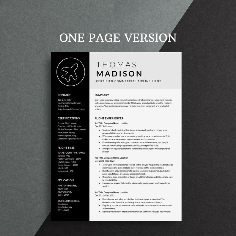 Pilot Resume Template Google Docs, Pilot Word Resume, Professional ...