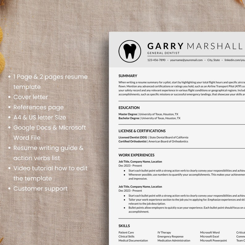 Dental Resume Template Google Docs and Microsoft Word, Dental Assistant ...